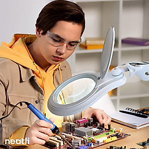 Neatfi (New Model) 1,200 Lumens Super LED Magnifying Lamp with Clamp, 8D, Dimmable, Includes Microfiber Cleaning Cloth, 5 Inch Diameter Lens for Reading, Sewing, Crafting (8 Diopter, White)