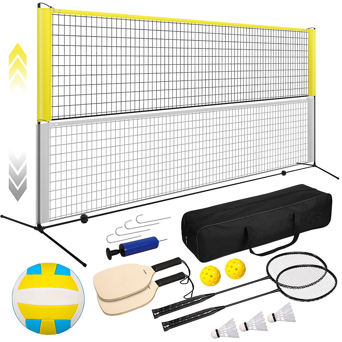 TOLEAD All-in-One Pickleball & Badminton Net Set, Portable Volleyball Net Set (17ft Wide x 3-5ft Height) for Backyard,Outdoor Sports Game Set w/Volleyball Pickleball Paddles & Badminton Rackets
