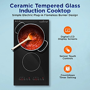 NutriChef Dual Induction Burner - Two-Burner Electric Cooktop with Digital Display and Adjustable Temperature Settings - Energy-Efficient Portable Induction Cooktop - Ideal for Simultaneous Cooking