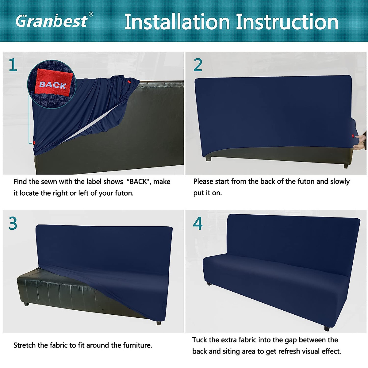 Granbest Water Repellent Futon Cover High Stretch Armless Sofa Covers Foldable Sofa Bed Covers Jacquard Futon Slipcover Waterproof Furniture Protector for Kids, Pets (Futon, Navy Blue)