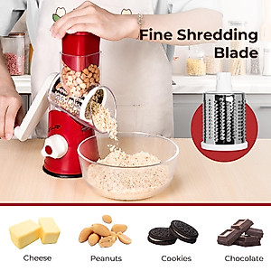 X Home Rotary Cheese Grater for Kitchen, Shredder with 3 Interchangeable Blades, Rotary Grater with Handle and Strong Suction Base, for Vegetables, Fruit, Nuts, Easy to Use and Clean, Red