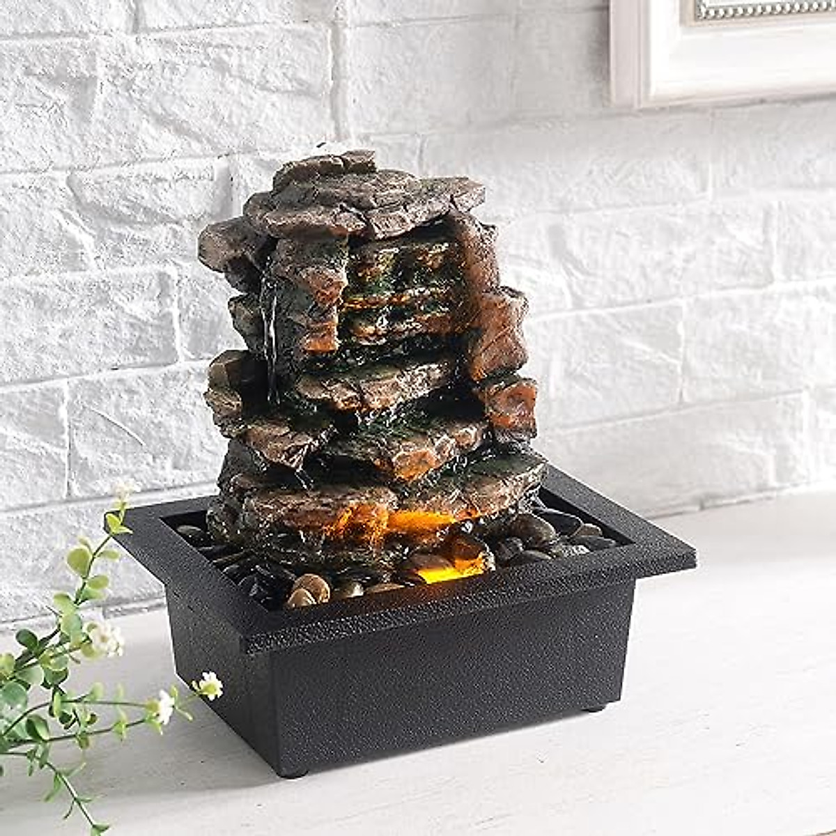 GOSSI Home Décor Waterfall Meditation Fountain Indoor Tabletop Many Natural River Rocks Decorated Office Home Table Fountion with LED Lights (22103)