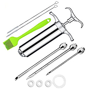 Meat Injector Syringe,Stainless Steel Injector Gun Kit with Case,2-Oz Marinade for Smoking,With 3 Professional Needles 2 Cleaning Brushes And 4 Silicone O-Rings,1Cleaning Silicone Brush (silver)