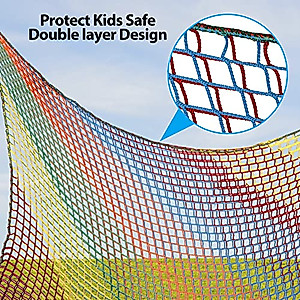 Toriexon Playground Safety Net 14.7' X 9.8', Double Layers Climbing Cargo Net for Kids, Multicolored Playground Net for Obstacle Training, Tree House, Back Yard etc.