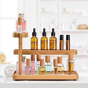 Bumtosc Bamboo Cosmetics Organizer for Bathroom Bedroom and Kitchen Multi Functional Storage Rack for Perfume Cosmetics Condiment Office Supplies Makeup Organizer for Vanity