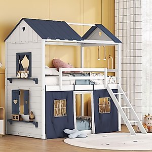 Merax Twin Over Twin Bunk Wood House Bed with Elegant Windows, Sills and Tent, Blue+White