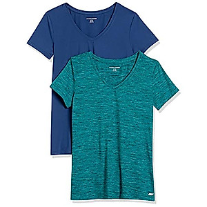 Amazon Essentials Women's Tech Stretch Short-Sleeve V-Neck T-Shirt (Available in Plus Size), Pack of 2, Navy/Teal Blue Space Dye, Large