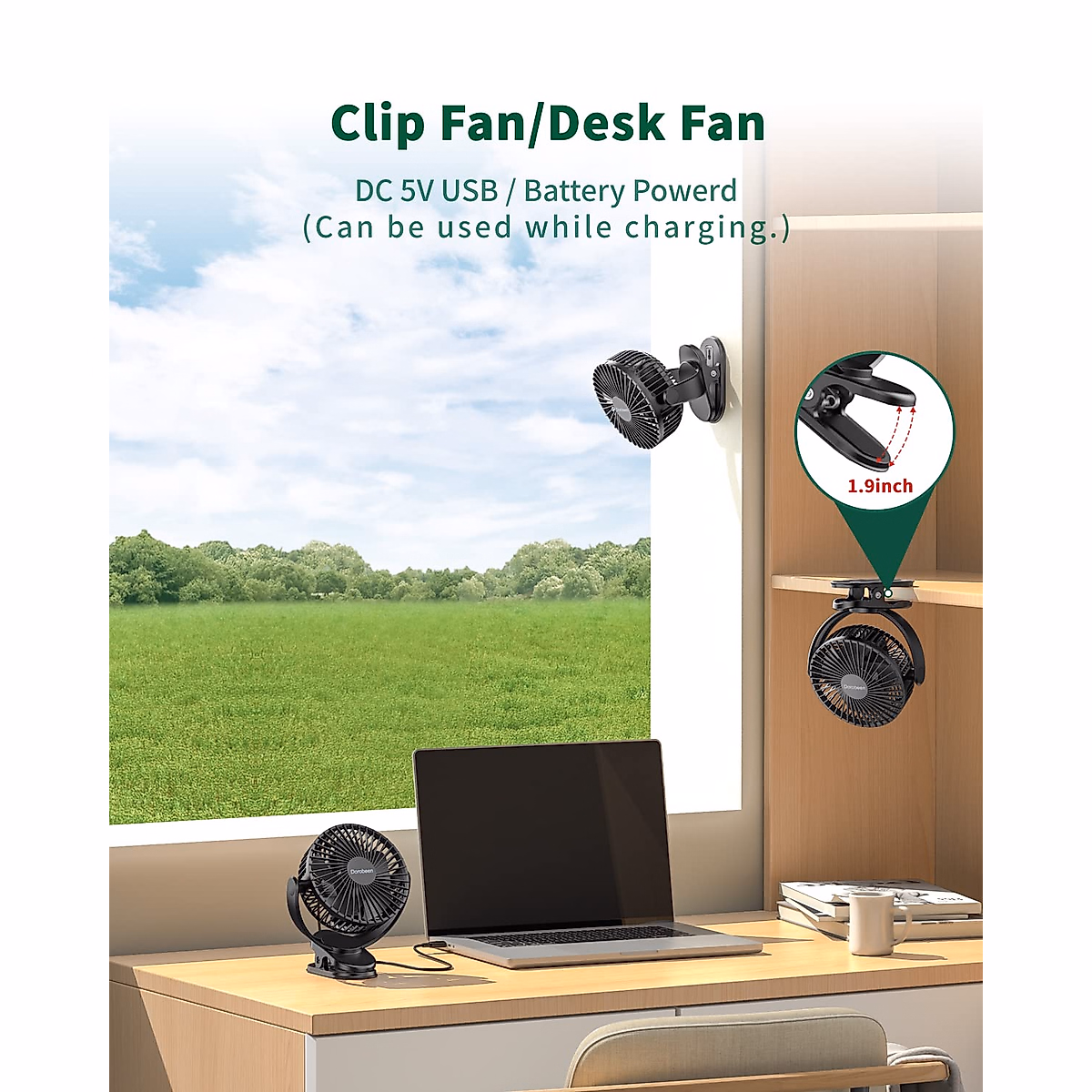Dorobeen Portable Clip on Fan, 5000mAh Battery Powered Fan, 3 Speed Quiet Rechargeable Mini Desk Fan, 360° Rotate Personal Cooling Fan for Home Office Stroller Camping Golf Cart Fan (BLDC Motor)