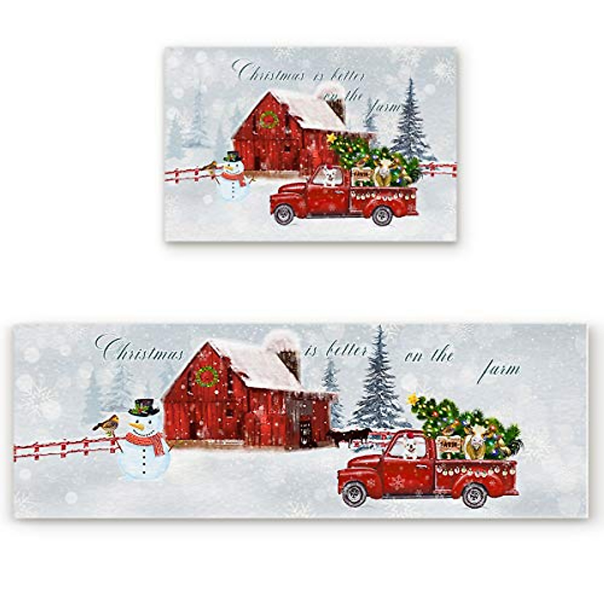 2 Piece Farm Animal Kitchen Rug Set Merry Christmas Indoor Floor Mats for Winter, Xmas Door Mat Runner Rug Carpet Mat for Kitchen Home Decor (15.7" x 23.6"+15.7" x 47.2") - Red Truck Snowy Retro Barn