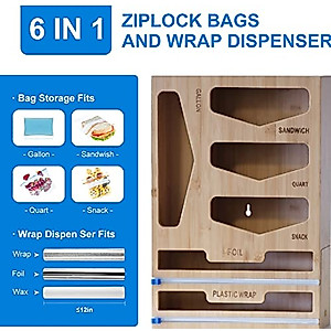 Foil And Plastic Wrap Organizer With Cutter & Ziplock Bag Storage, Baggie Food Holders For Sandwich, Snack Gallon, Quart Bag, Bamboo Aluminum Dispenser Labels, 43*33*7