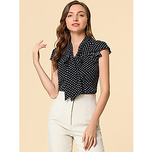 Allegra K Women's Polka Dots Tie Neck Blouse Summer Ruffled Cap Sleeve Office Top Medium Black