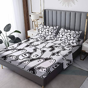 GEDAEUBA Ghost Sheets California King Size - Goth Bed Sheets for Kids Boys Girls, Black and White Sheet Set, Soft Microfiber & Deep Pocket & Wrinkle Free Fitted Sheet, Flat Sheet and Pillow Cases