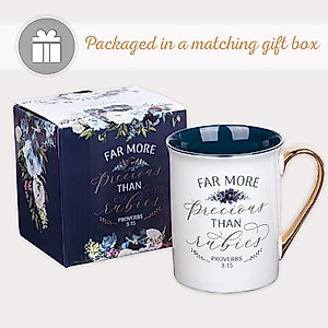 Christian Art Gifts Ceramic Coffee & Tea Mug for Women 12 oz Navy Blue Floral w/Gold Accents Inspirational Bible Verse Mug -More Precious than Rubies - Proverbs 3:15 Lead-free Scripture Cup