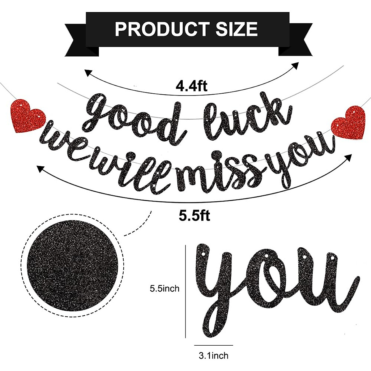 BEISHIDA Black Good Luck We Will Miss You Banner,Pre-Strung Glitter Retirement Party Sign Garland,Going Away Farewell Party Decorations, Graduation Party Supplies (No DIY）