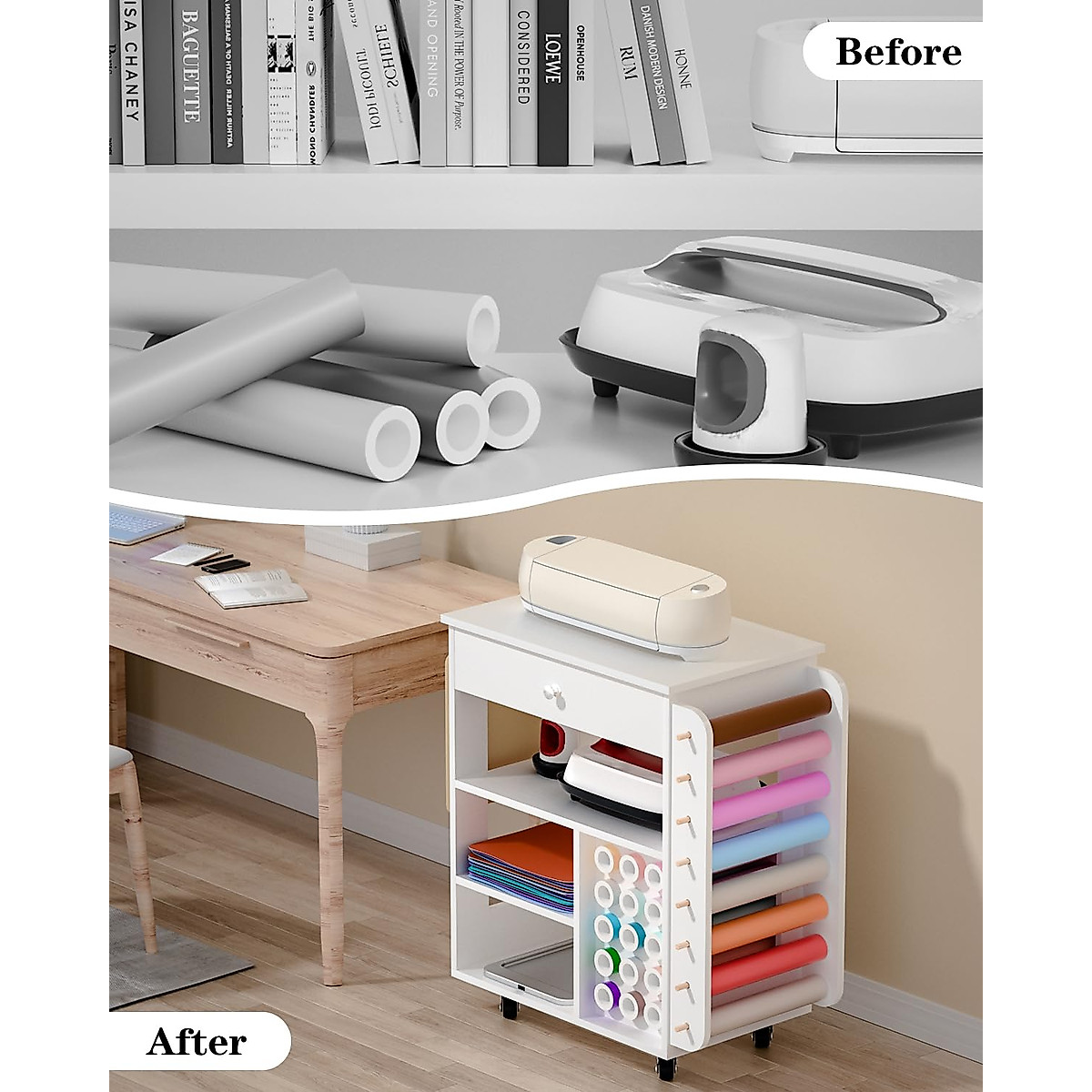 Rolling Craft Cart and Storage Table for Cricut - VDamu Vinyl Roll Holder and Craft Room Organizer