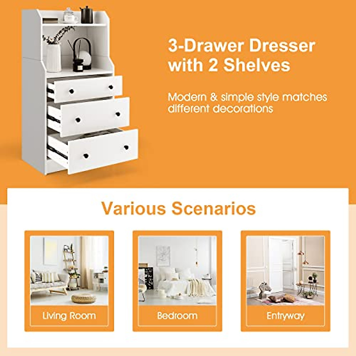 Giantex 3 Drawers Dresser for Bedroom - Modern Storage Dresser Chest of Drawers with 2 Shelves, 3 Pull-Out Drawers, Anti-toppling Device, Storage Organizer for Bedroom, Living Room, Entryway, White