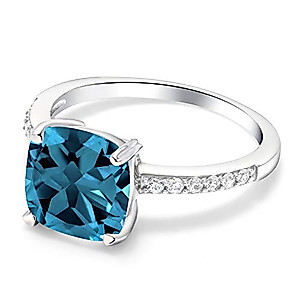 Gem Stone King 2.86 Cttw London Blue Topaz Engagement Ring For Women In 925 Sterling Silver | Cushion Cut 8MM | Gemstone Birthstone | Available In Size 5,6,7,8,9