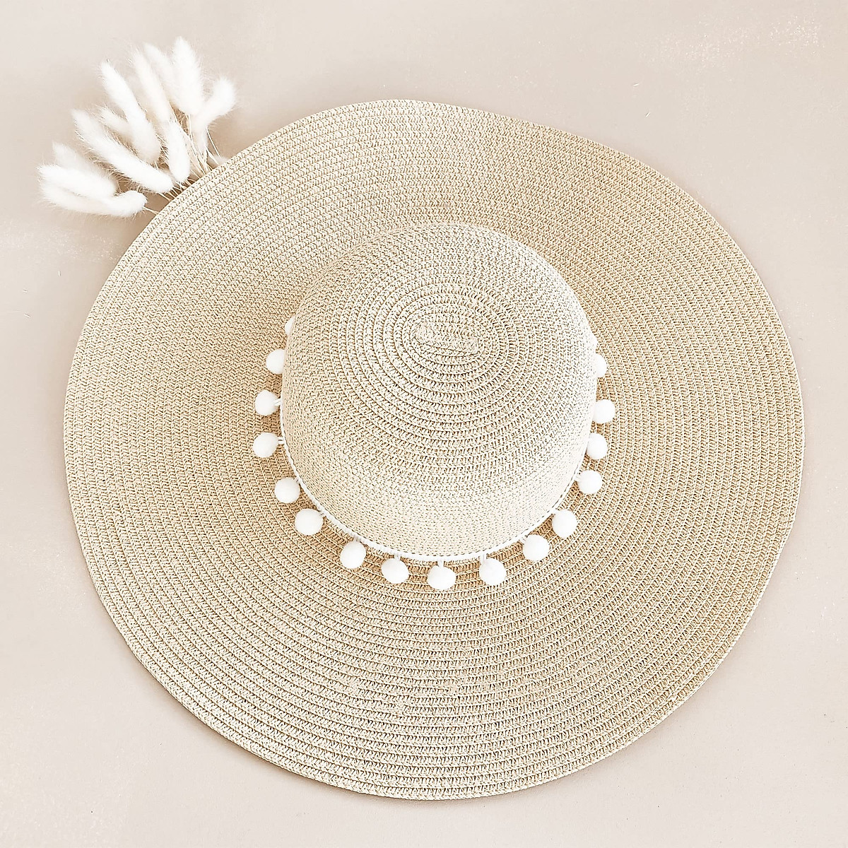 Personalized Beach Hat | Custom Tan Hat with White Poms | Women’s Floppy Hat | Mrs Honeymoon Foldable Sun Hat for Bride