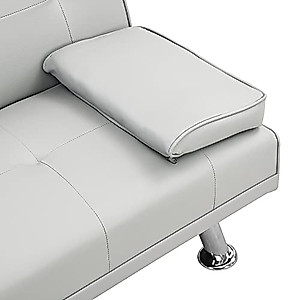 Eafurn Faxu Leather Convertible Sofa Bed with Cup Holders,Folding Futon Couch Recliner Sleeper Loveseat Reversible Daybed, Button Tufted Sofabed with Removable Pillow Top Armrests