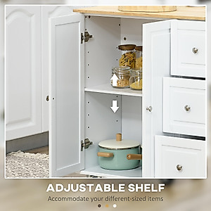 HOMCOM Kitchen Island with Drop Leaf, Rolling Kitchen Cart on Wheels with 3 Drawers, Cabinet, Natural Wood Top, Spice Rack and Towel Rack, White