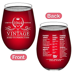80th Birthday Gifts for Women Men - Vintage 1944 Limited Edition Stemless Wine Glass 15 oz- 80 Year Old Women Gifts -80th Birthday Gift and Home Use - 80 Year Old Birthday Party Decorations - 1 PACK