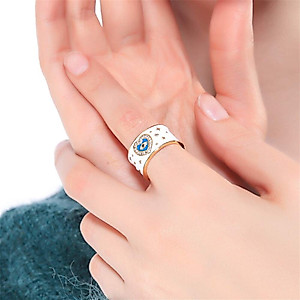 AILUOR Fashion White Enamel Evil Eye Ring, Inspirational Turkish Hamsa Crystal Love Heart Eye Charm Protection Rings for Women Size 7 (White)