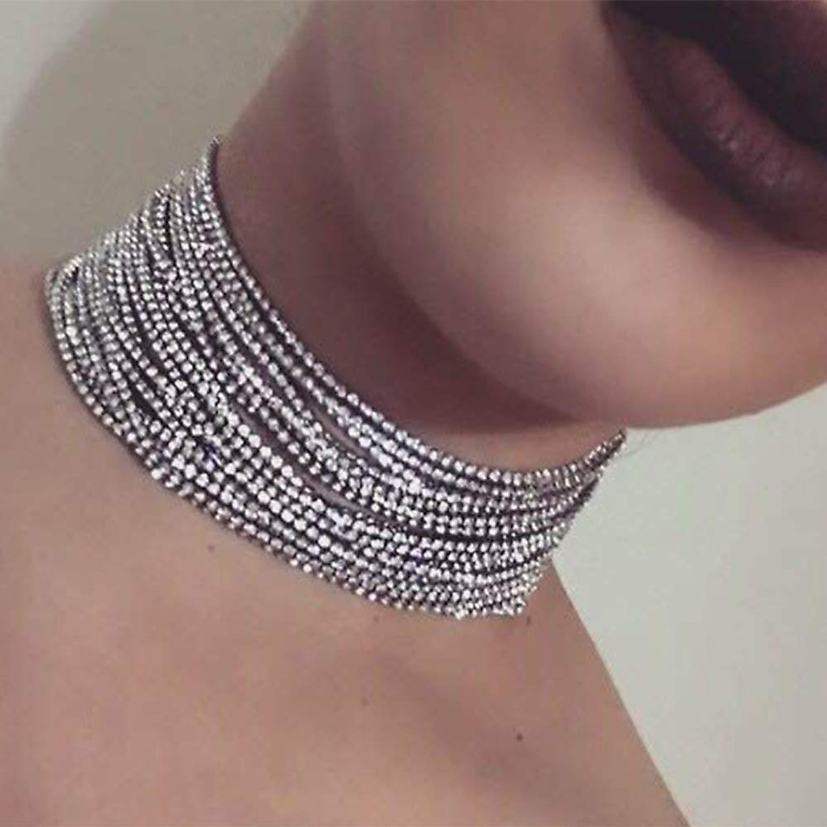 YERTTER Women Waterfall Rhinestone Chain Multilayered Chain Full Crystal Tight Sparkly Choker for Party Prom Vacation (Silver)