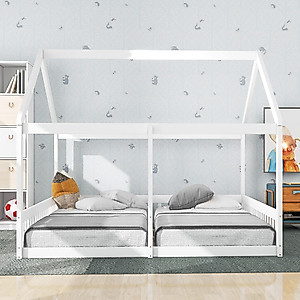 CKLMMC Twin Size House Platform Beds,Two Shared Beds, Wooden Bed Frame with Roof and Window, Bedroom Furniture, Can be Decorated Tent (White#Shared Bed)