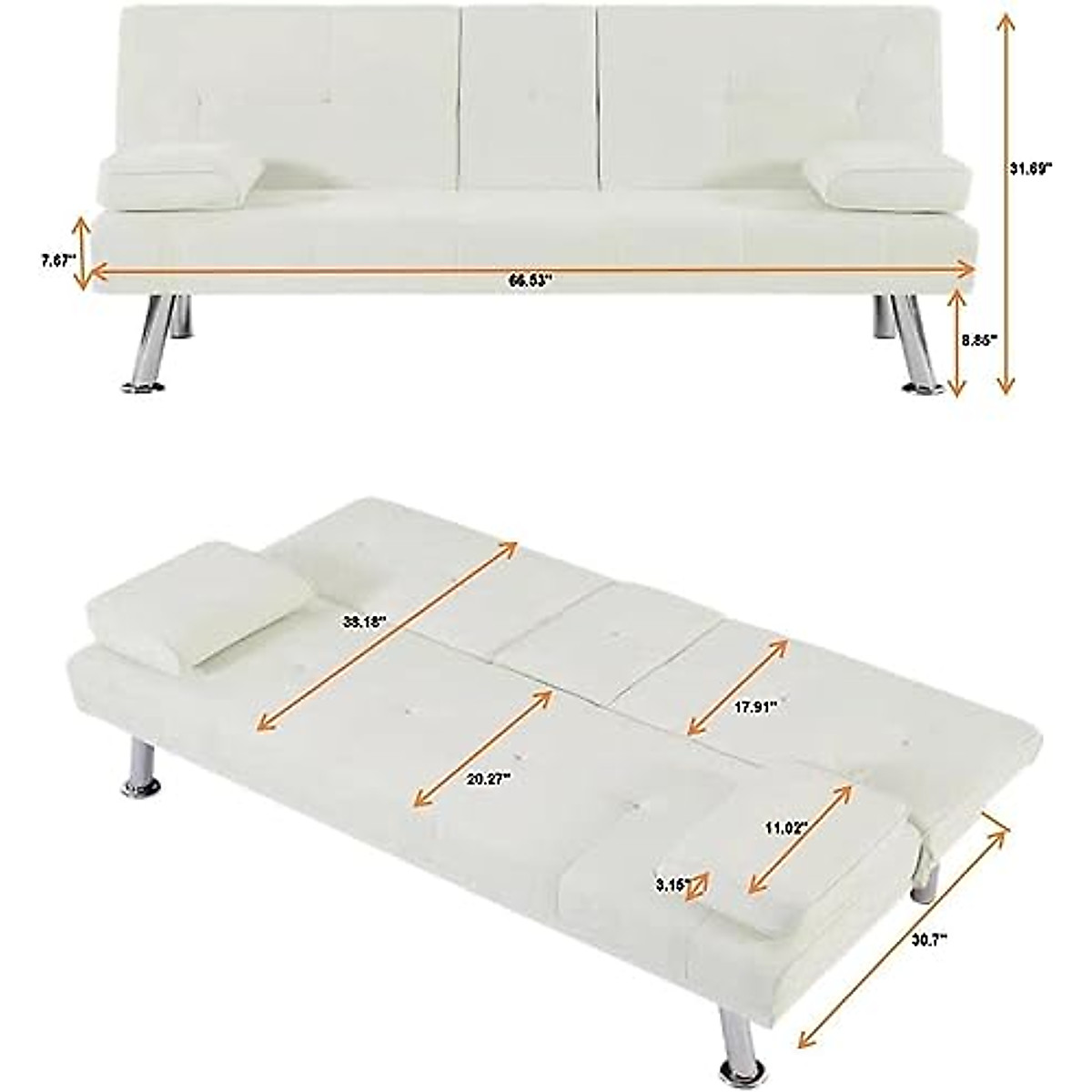 Anwick Modern Leather Futon Sofa Bed,Convertible Folding Couch Recliner Sleeper Loveseat for Small Space,Apartment,Office,Dorm,with Cup Holders and Removable Armrest (Black-New)