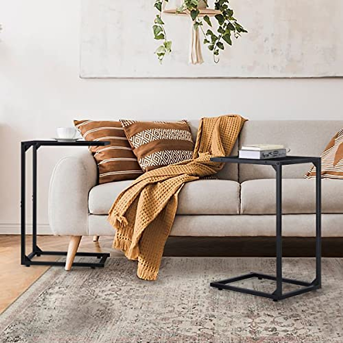 C Shaped End Table Set of 2, Snack Side Table, C Tables for Couch, Couch Tables That Slide Under, for Living Room, Bedroom, Black