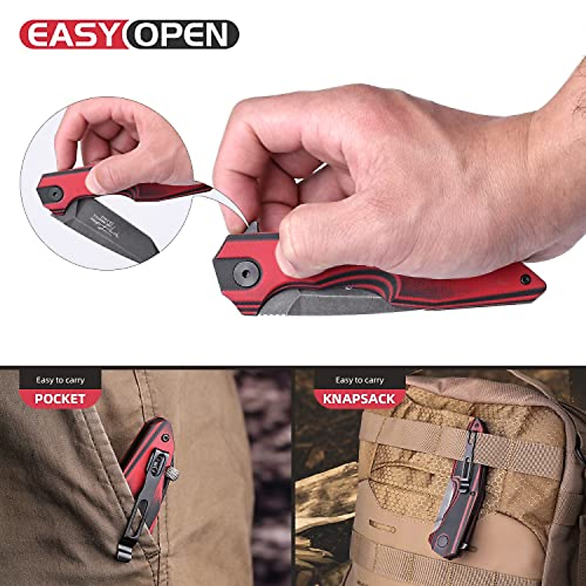 GRAMFIRE Pocket Knife 8.4'' Tactical Assisted Folding Knife, with 4'' D2 Stainless Steel Blade G10 High Hardness Handle, Outdoor Camping Hiking EDC Knives, ZA-F002 Red