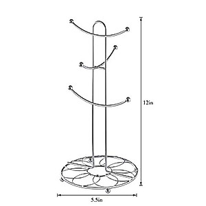 Buruis Mug Rack Tree, Decorative Flower Pattern Base Metal Mug Holder, Kitchen Coffee Mug Tree Countertop Tea Cups Holder Stand, Coffee Cup Dryer with 6 Hooks (Silver)