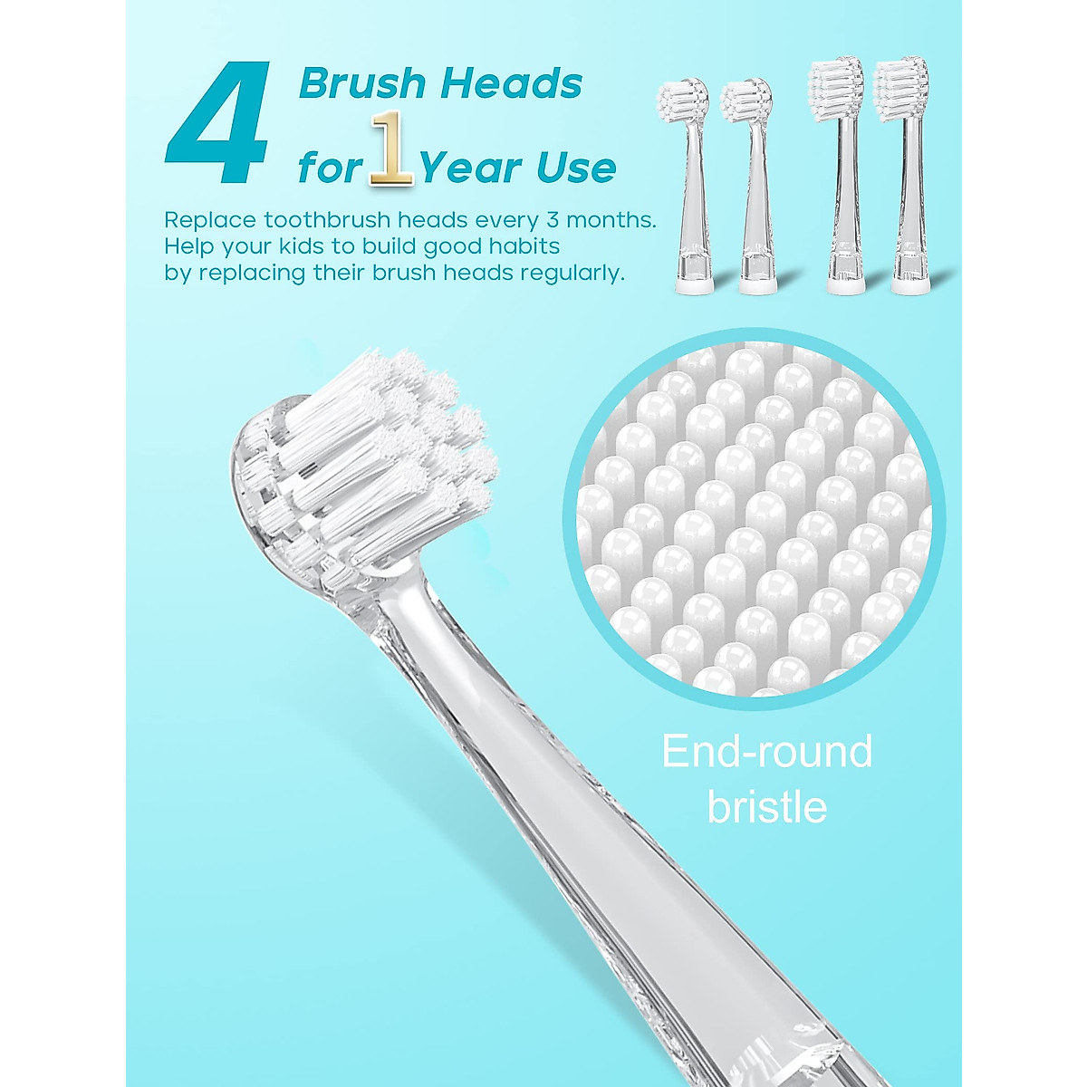 SEAGO Baby and Kids Electric Toothbrush Replacement Heads SG-849 for 513，2139 ，977 - Pack of 4 (025+037