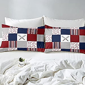 Baseball Printed Duvet Cover Queen for Boys Girls Kids Red Navy Grid Striped Bedding Set Ball Games Comforter Cover Child Modern Sports Style Decor Bedspread Quilt Cover for Kids Dorm Room,Soft,Zipper