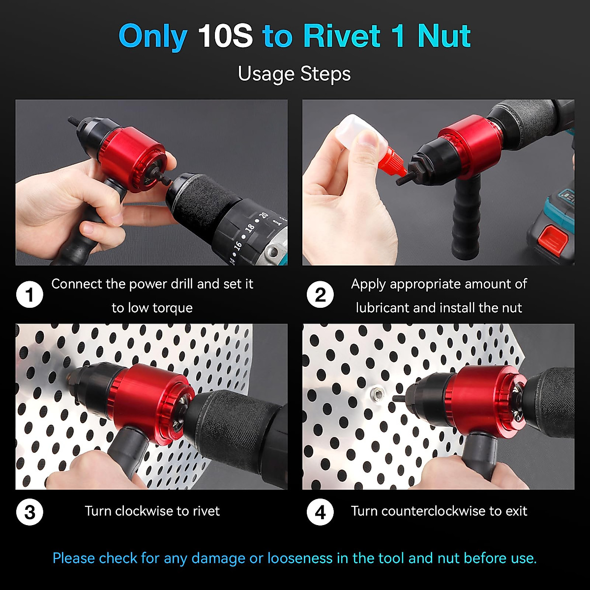 YUZES Rivet Nut Tool Rivet Nut Kit, Rivet Nut Gun Adapter Compatible with Cordless Drill & Ratchet Wrench, Newly Labor-Saving Rivnut Tool with 10 Mandrels & 50 Rivet Nuts, Rugged Carrying Case