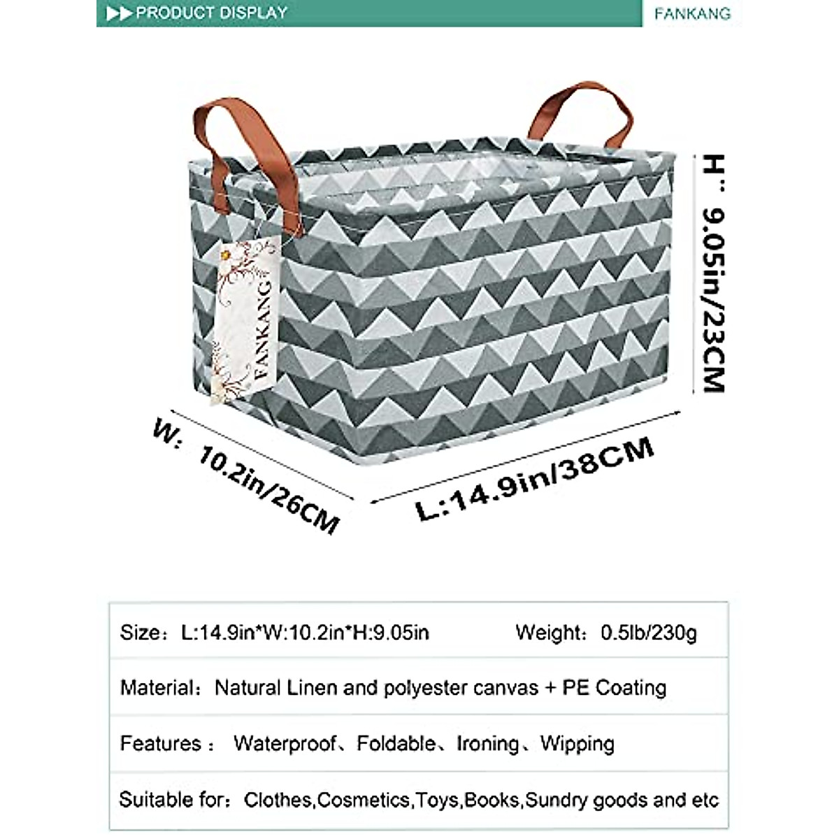 FANKANG Storage Bins, Nursery Hamper Canvas Laundry Basket Foldable with Waterproof PE Coating Large Storage Baskets for Kids Boys and Girls, Office, Bedroom, Clothes,Toys(Rec-grey wave)