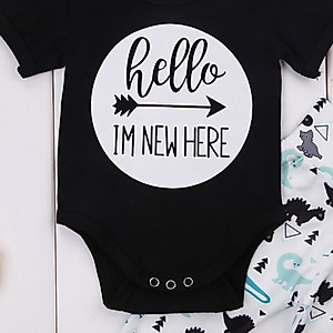 Hello Im New Here Infant Baby Boy Dinosaur Outfit Romper Pant Hat Clothes Set (0-3 Months, Black+White)