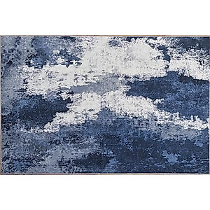 Andency Washable Area Rug 5x7, Modern Abstract Living Room Rugs, Non Slip Carpet for Bedroom Dining Room, Large Soft Satin Resistant Home Decor Rug, Blue