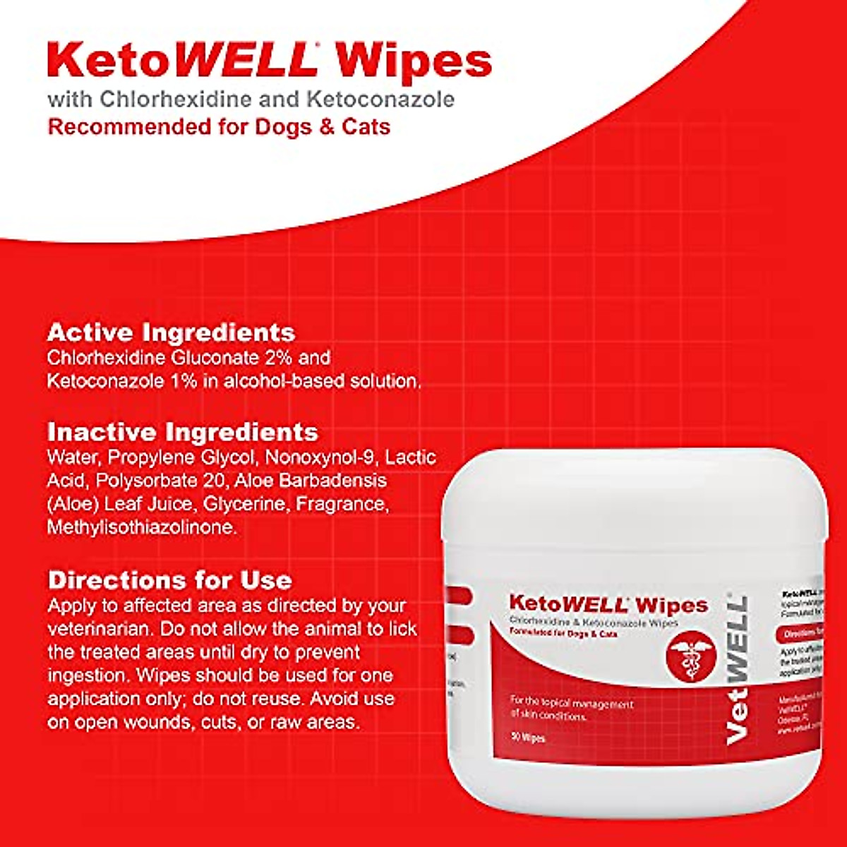 KetoWELL Topical Wipes with Ketoconazole for Dogs & Cats Medicated Pet Wipes - 50 Count