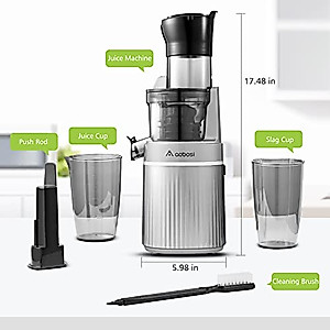 Slow Masticating Juicer, AAOBOSI 80MM Large Feed Chute Cold Press Juicer Machine w/ 2 Filler Openings, Reverse Function & Quiet Motor for High Nutrient Fruits Vegetables (Gray)