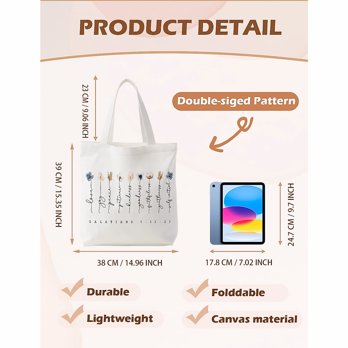 Supwhd Bible Bags for Women, Christian Tote Bag, Fruit of the Spirit Galatians 5:22-23, Gifts for Christian Women, Bible Verse Christian Canvas Tote Bags for Women