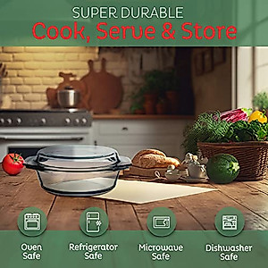 Simax Clear Glass Casserole Dish, Glass Round Casserole Dish with Lid and Handles, Covered Bowl for Cooking, Baking, Serving, Microwave, Dishwasher, and Oven Safe Cookware, 1 Quart
