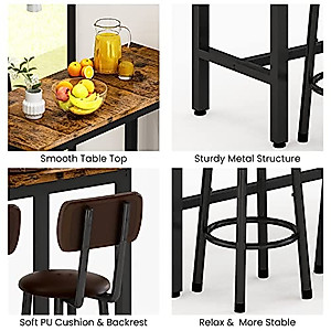 AWQM Bar Table Set of 2,39.3" Pub Height Table & 2 PU Upholstered Stools with Backrest,Industrial 3 Piece Breakfast Bar Table Sets,for Living Room,Kitchen,Bar,Rustic Brown & Black & Brown