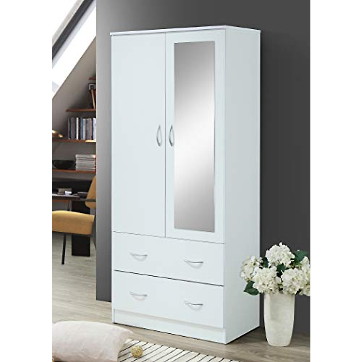 Hodedah Two Door Wardrobe with Two Drawers and Hanging Rod plus Mirror, White