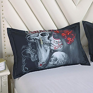 Suncloris, Bedding Duvet Cover Sets, 3D Dead Sugar Skull Girl Kissing Skull Home Bedding Set.Included: Duvet Cover,Pillowcase(no Comforter Inside) (Queen)