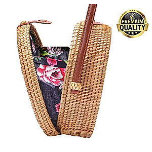 Handwoven Round Rattan Bag Shoulder Leather Straps Natural Chic Hand