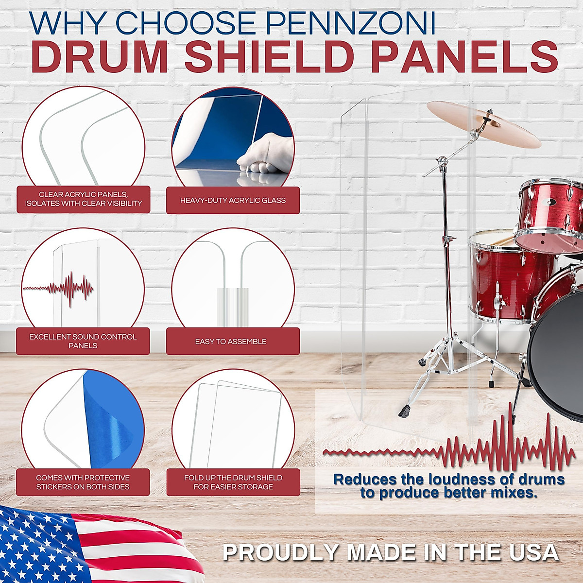 PENNZONI Drum Shield 5ft w/Living Hinges, Comes w/ 6 Drum Panels & Living Hinges, Premium Clear Acrylic Panels, Drum Screen