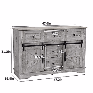Vabches Farmhouse Sideboard Buffet Cabinet with Storage, Large Kitchen Sideboard Cabinet, Sliding Barn Doors and 5 Drawers, Adjustable Shelves, Coffee Bar Table for Dining Room, Light Rustic Oak