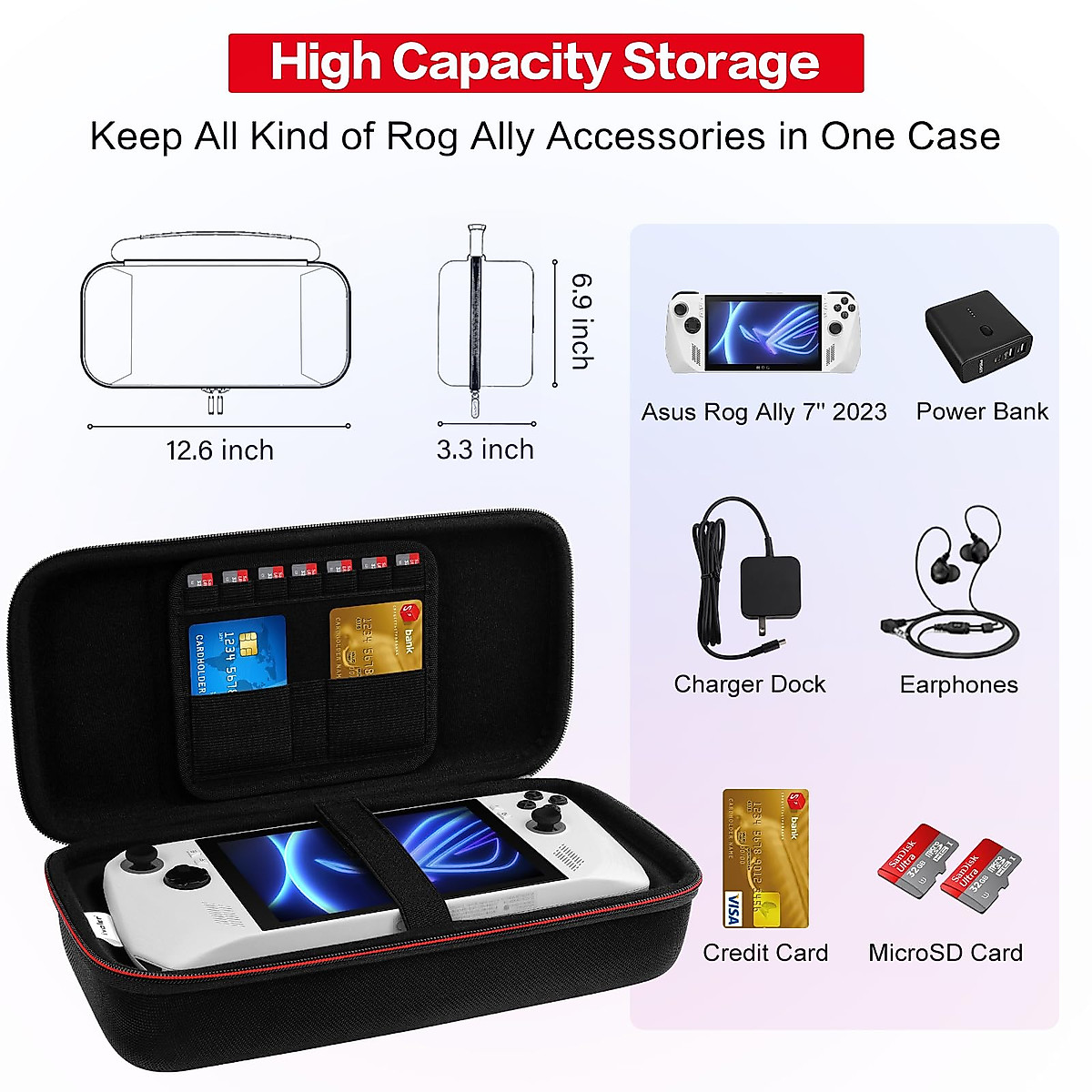 ivoler Carrying Case for Asus Rog Alloy 7''2023/Asus Rog Ally X 2024, Portable Hard Shell Pouch Travel Bag Built-in Gaming Charger Dock Storage, Holds 7 MicroSD and 2 Credit Sized Cards -Black