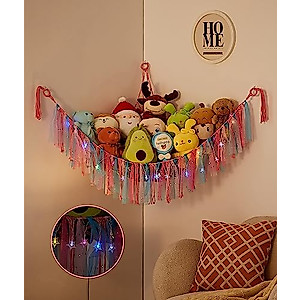 Kopduki 59 in Stuffed Animal Hammock with Stars-Light, Stuffed Animal Storage, Teddy Bear Hammock with Tassel & Hooks for Nursery Room, Corner Mesh Toy Hammock for Stuffed Animals for Playroom
